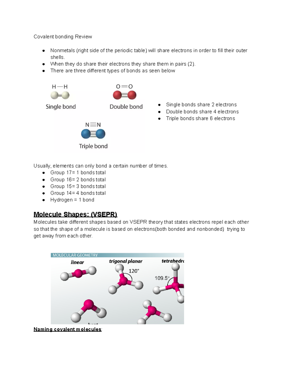 Chemistry notes - Covalent bonding Review Nonmetals (right side of the ...