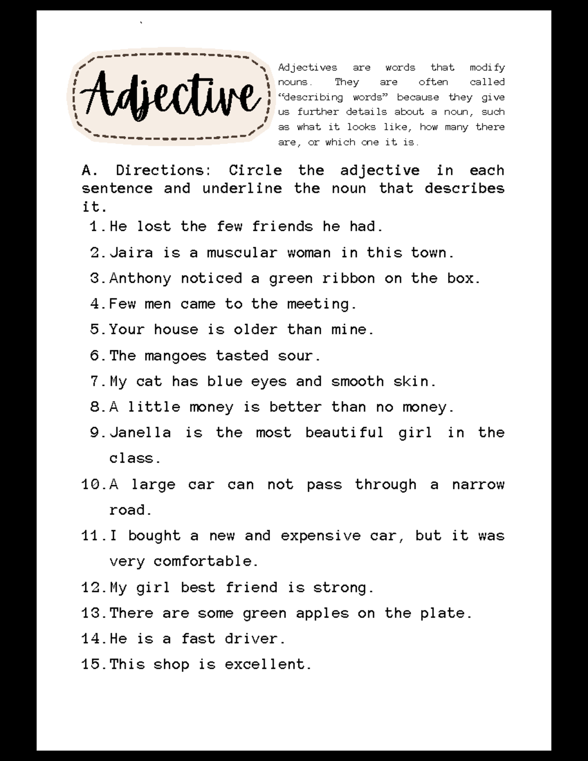 Black-White Simple Adjective Worksheet - Adjective A. Directions ...