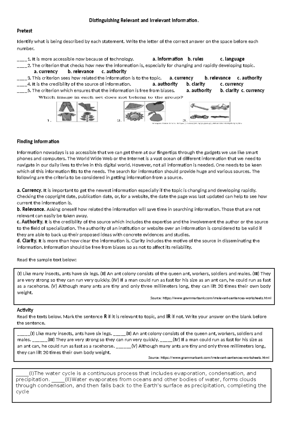 Distinguishing Relevant and Irrelevant Information - Pretest Identify ...
