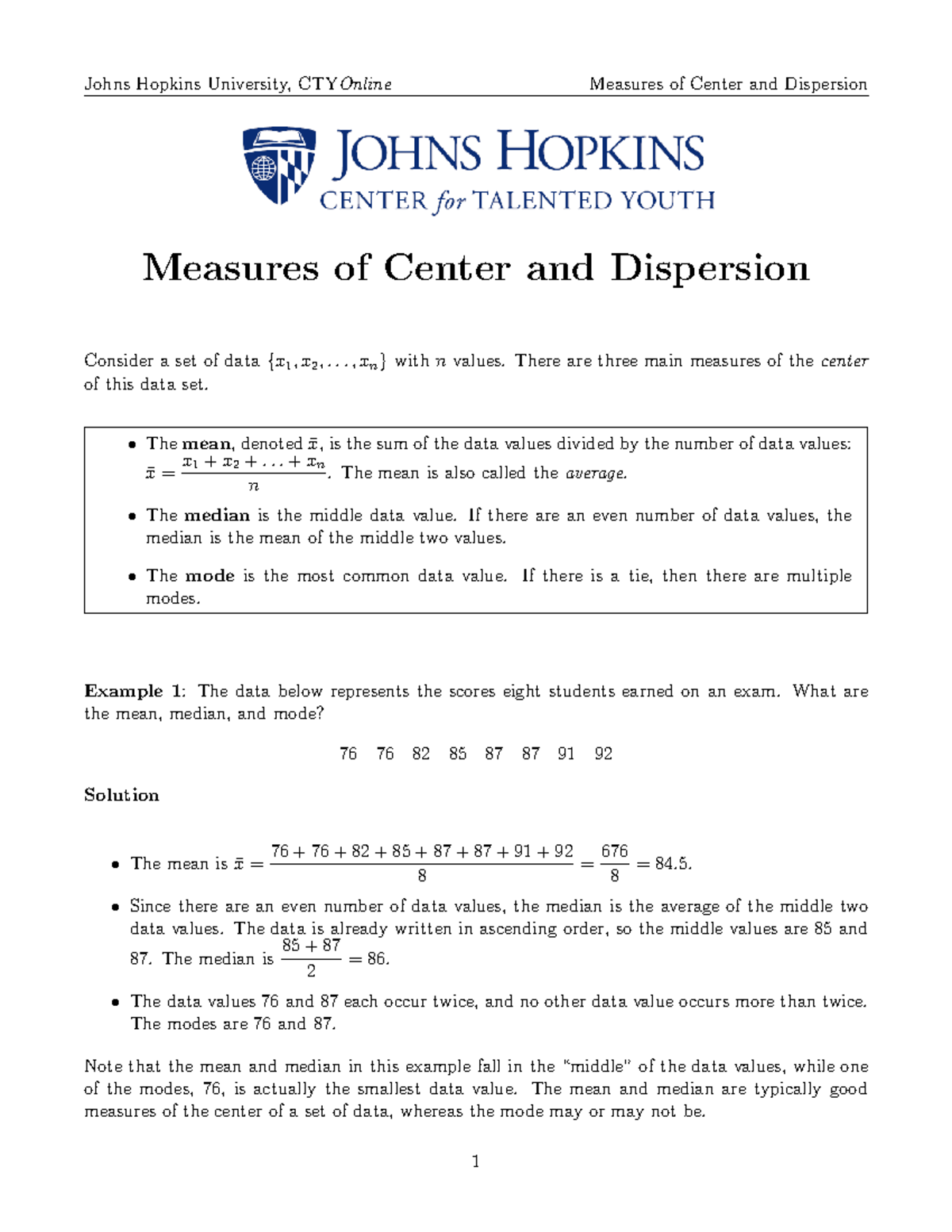 10 - see - Measures of Center and Dispersion Consider a set of data{x 1 ...