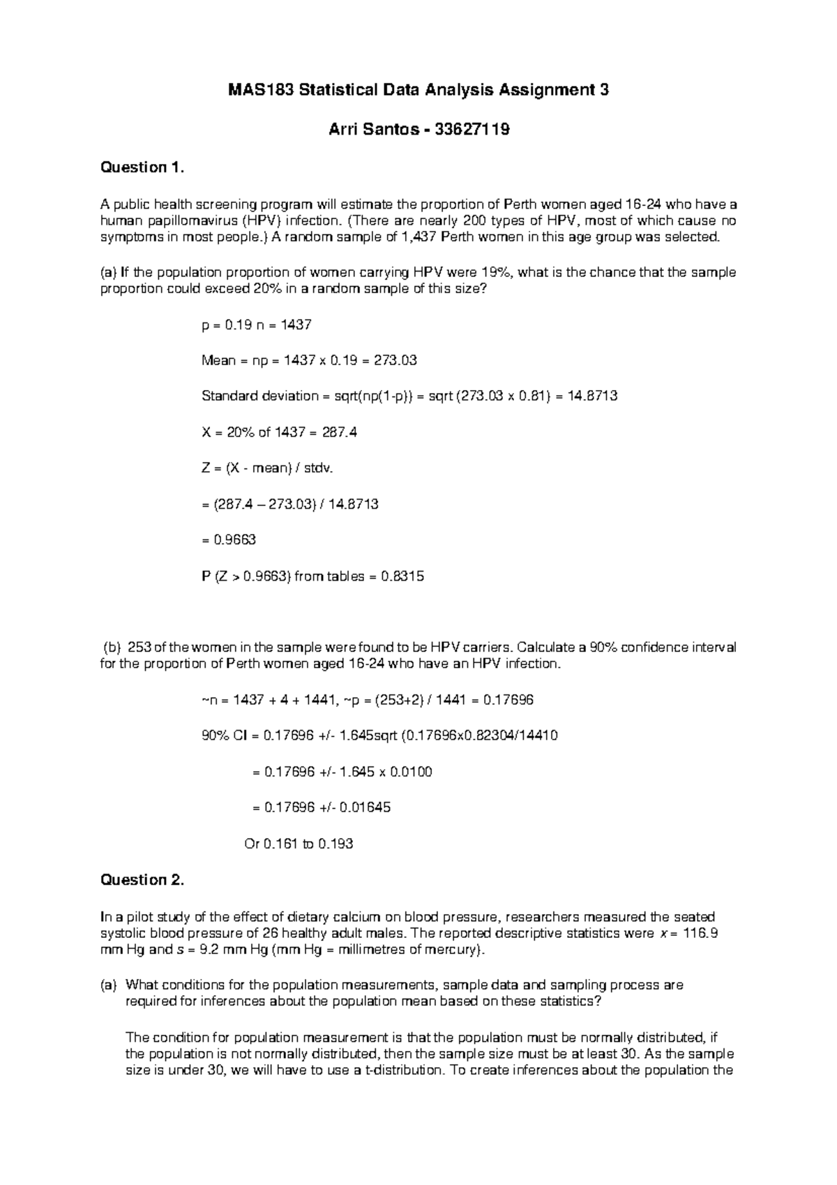Assignment 3 - I got 66% on this one, there's just a few mistakes in question 4 - MAS183 ...
