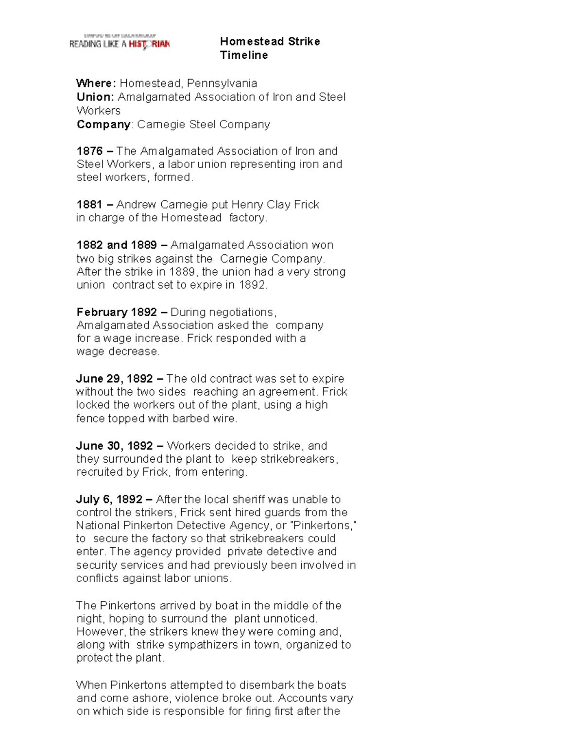 Homestead Strike - hope this helps - Homestead Strike Timeline Where ...