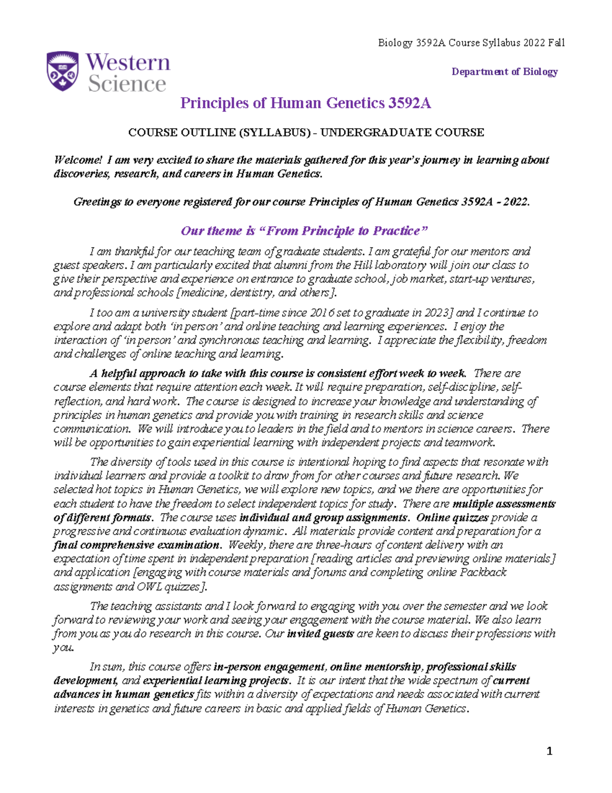 Course Outline B3592A 2022 - Department of Biology Principles of Human ...