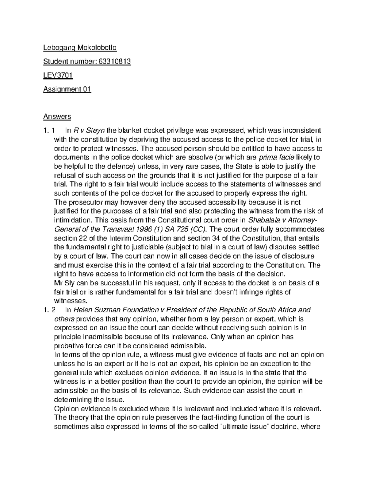 2022 SEMESTER 2 ASSIGNMENT - Lebogang Mokolobotlo Student number: 63310813 LEV Assignment 01 ...