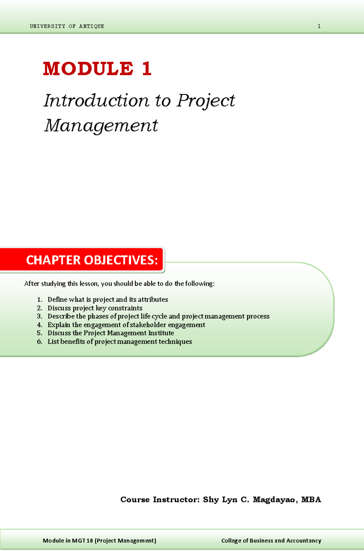 MGT 10 Chapter 1 students copy - MODULE 1 Introduction to Project ...