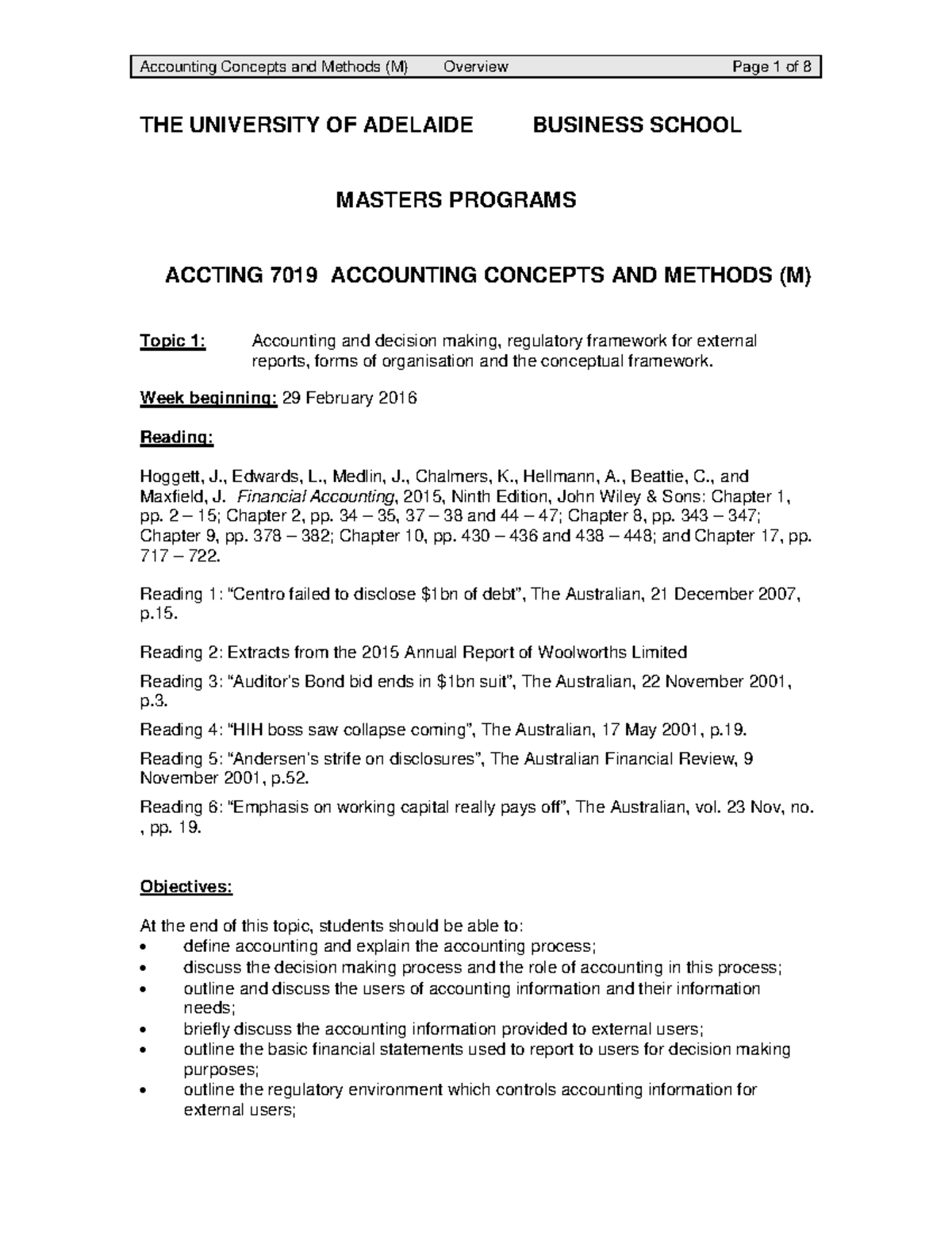 Topic 1 overview of accounting outline - Accounting Concepts and ...