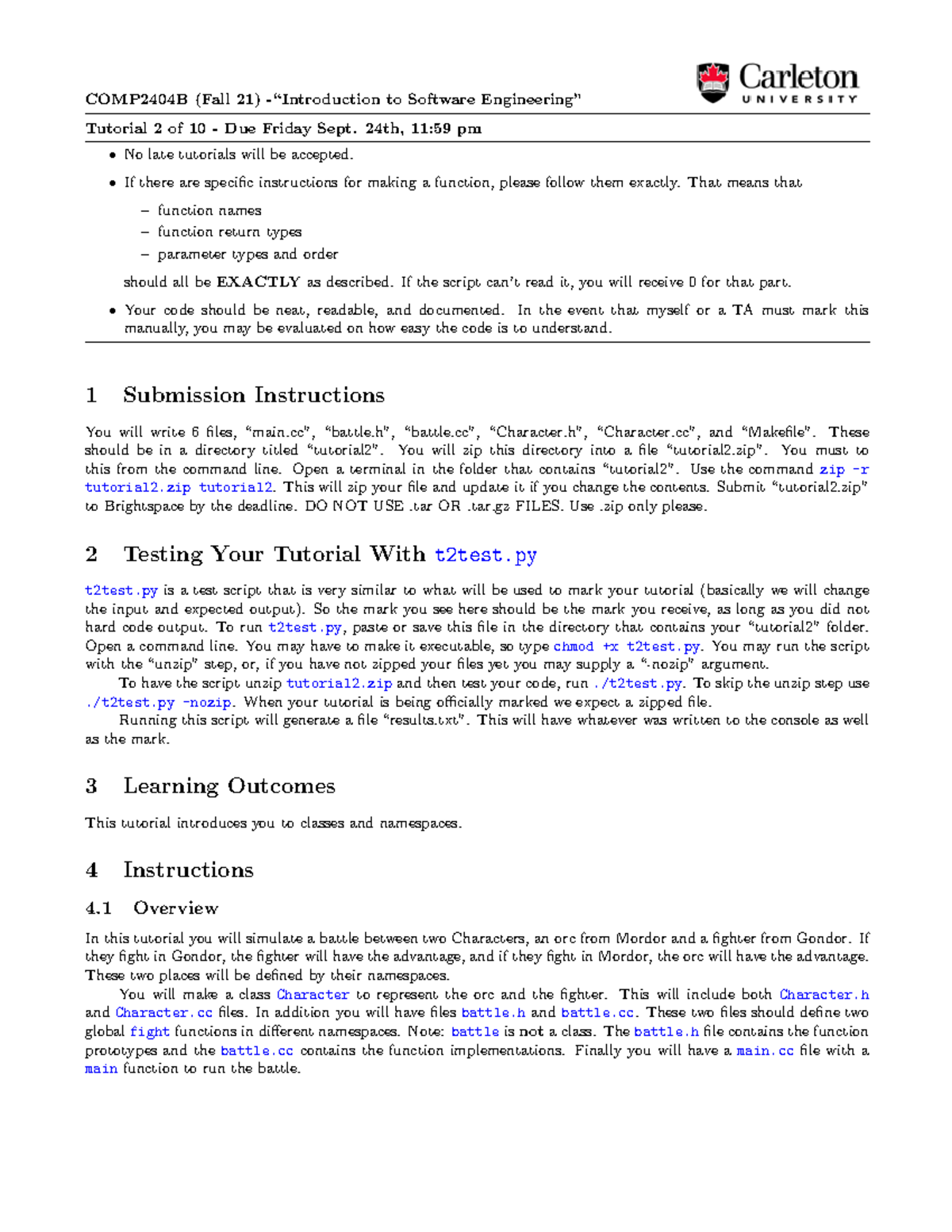 specifications for tutorial 2 - COMP2404B (Fall 21) -“Introduction to Software Engineering ...