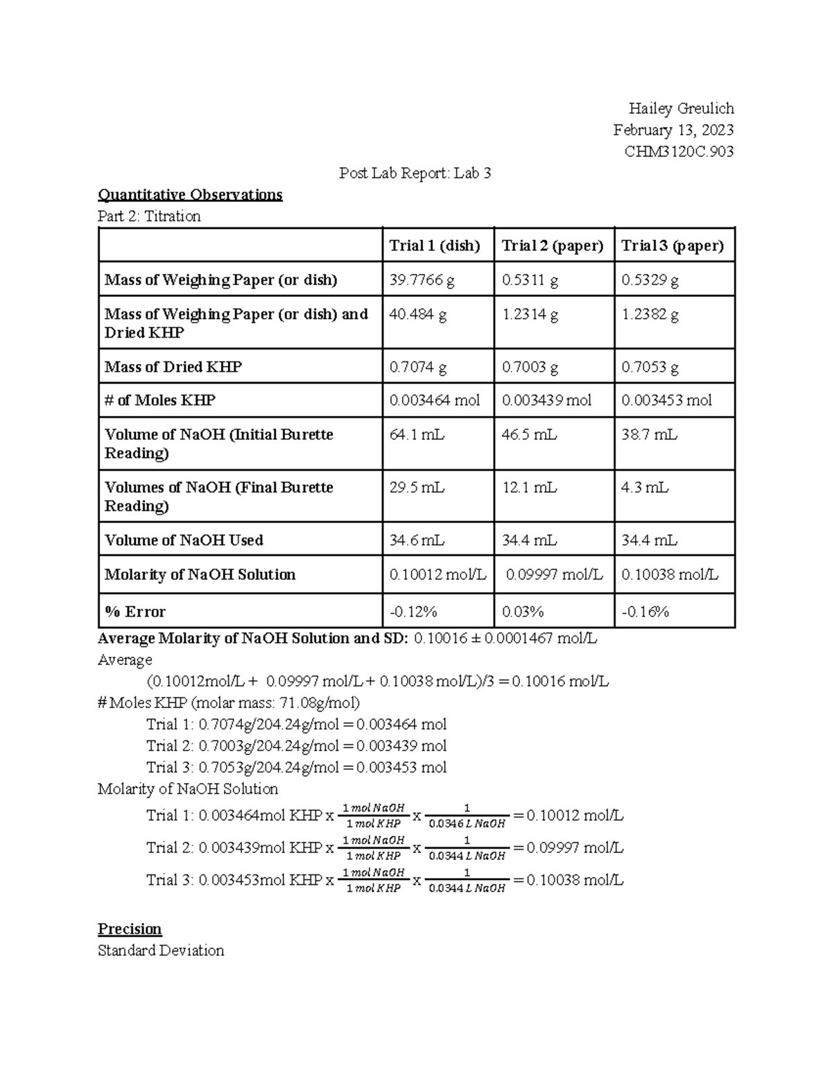 CHM3120C.903 Post Lab Report: Lab 3 Quantitative Observations Part 2 ...