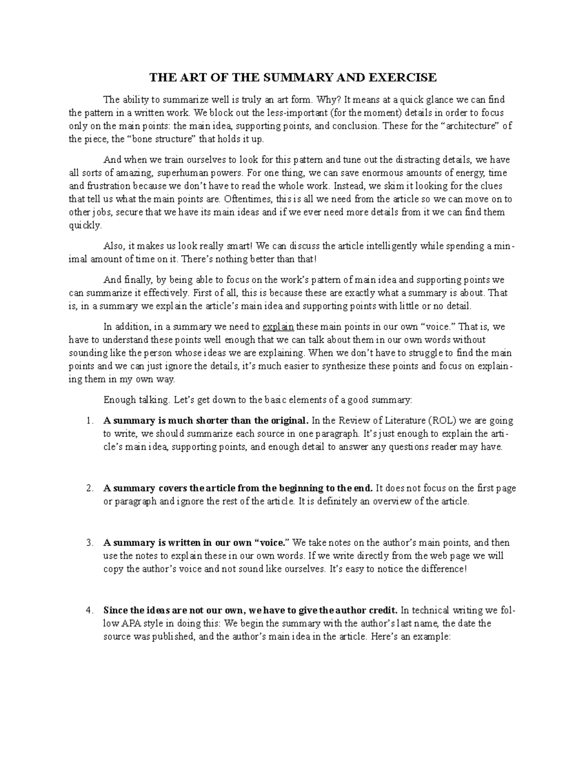 HW #4 ROL The Art of the Summary and Exercise - THE ART OF THE SUMMARY ...