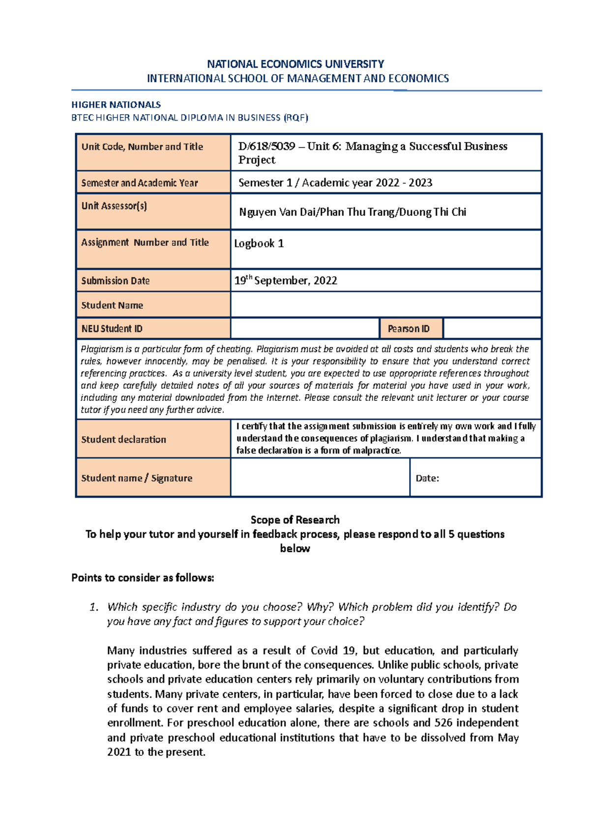 Logbook 1. Scope of Research - NATIONAL ECONOMICS UNIVERSITY ...