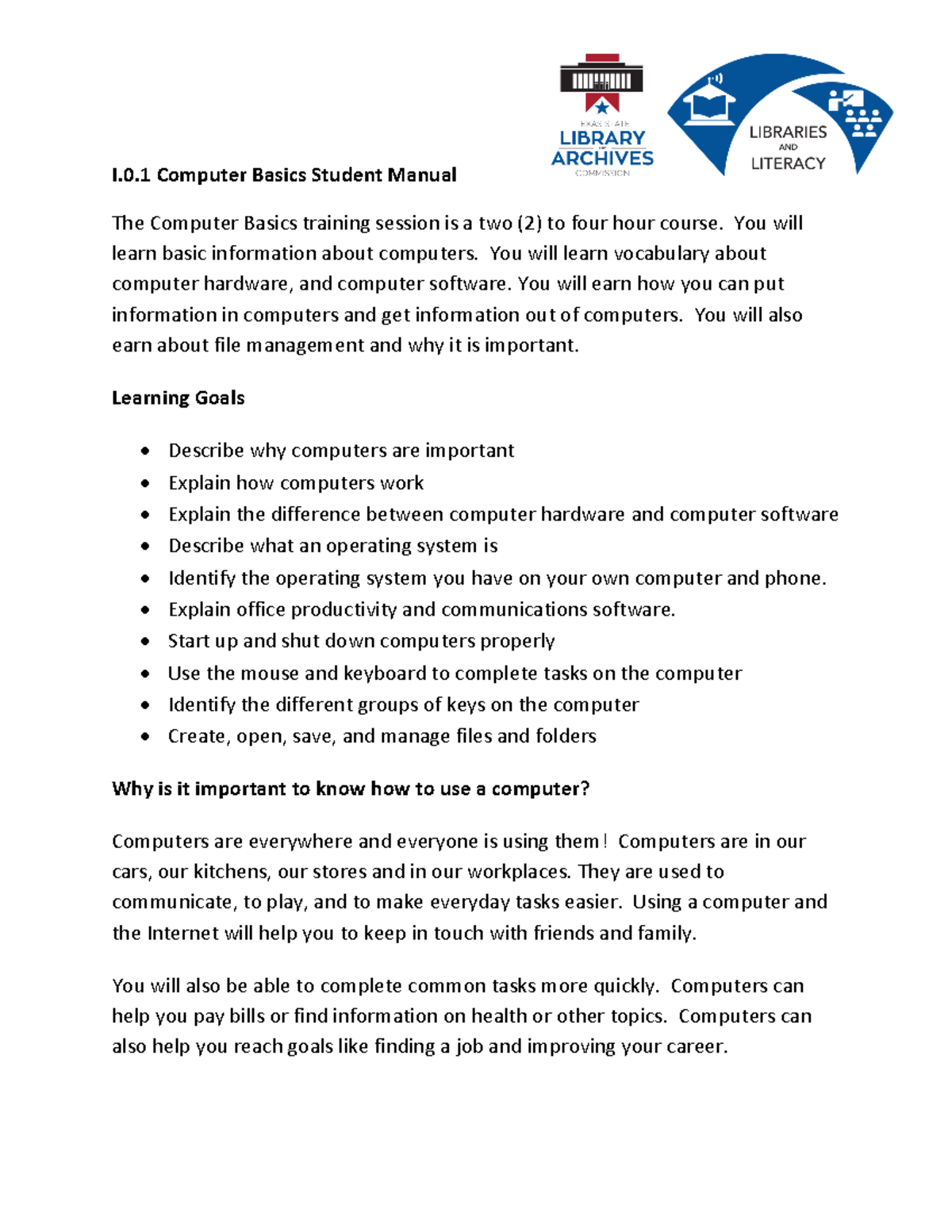 1-0-1 Computer Basics Student Manual - I.0 Computer Basics Student Manual The Computer Basics ...