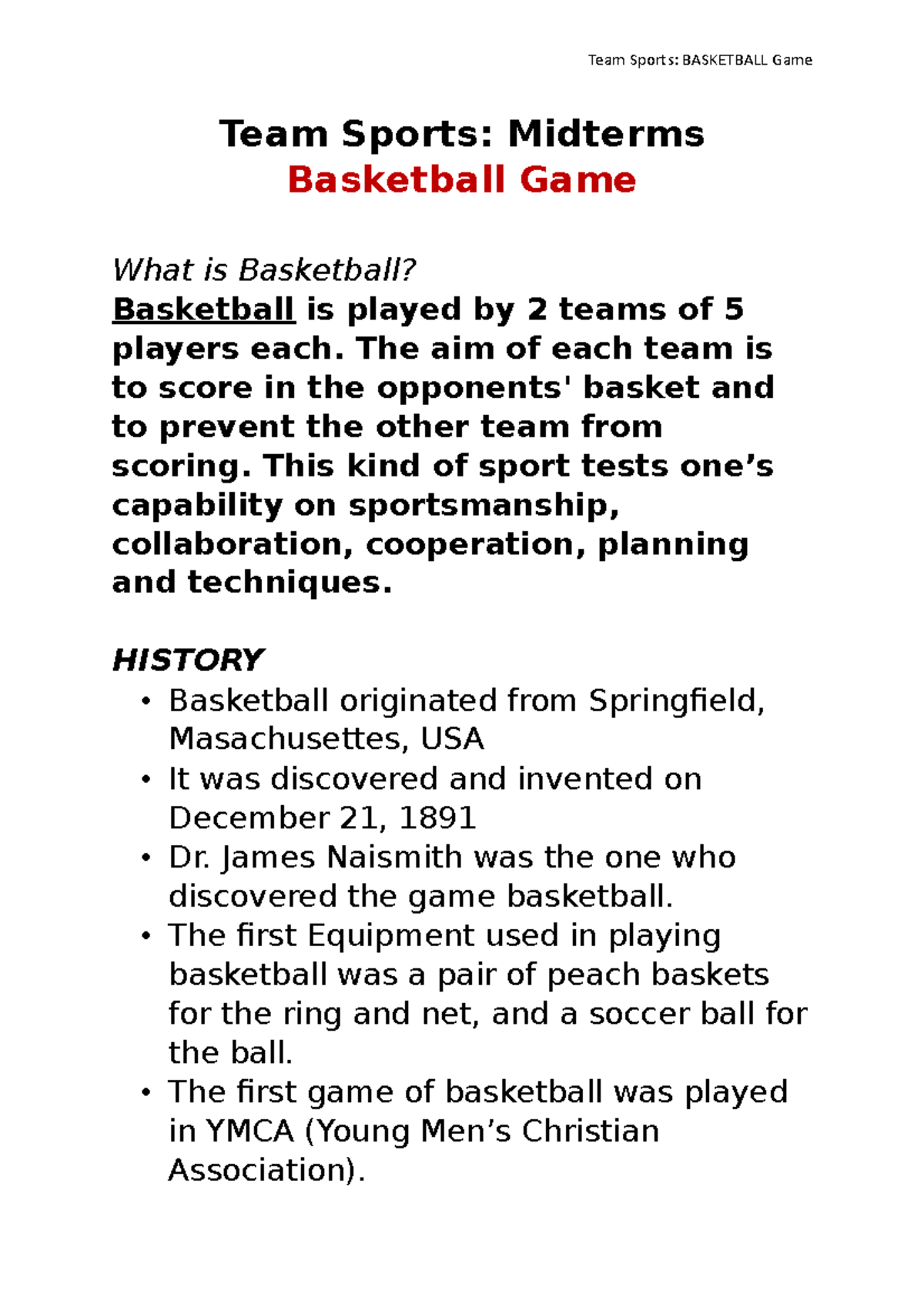 Team-Sports Basketball-GAME - Team Sports: Midterms Basketball Game ...
