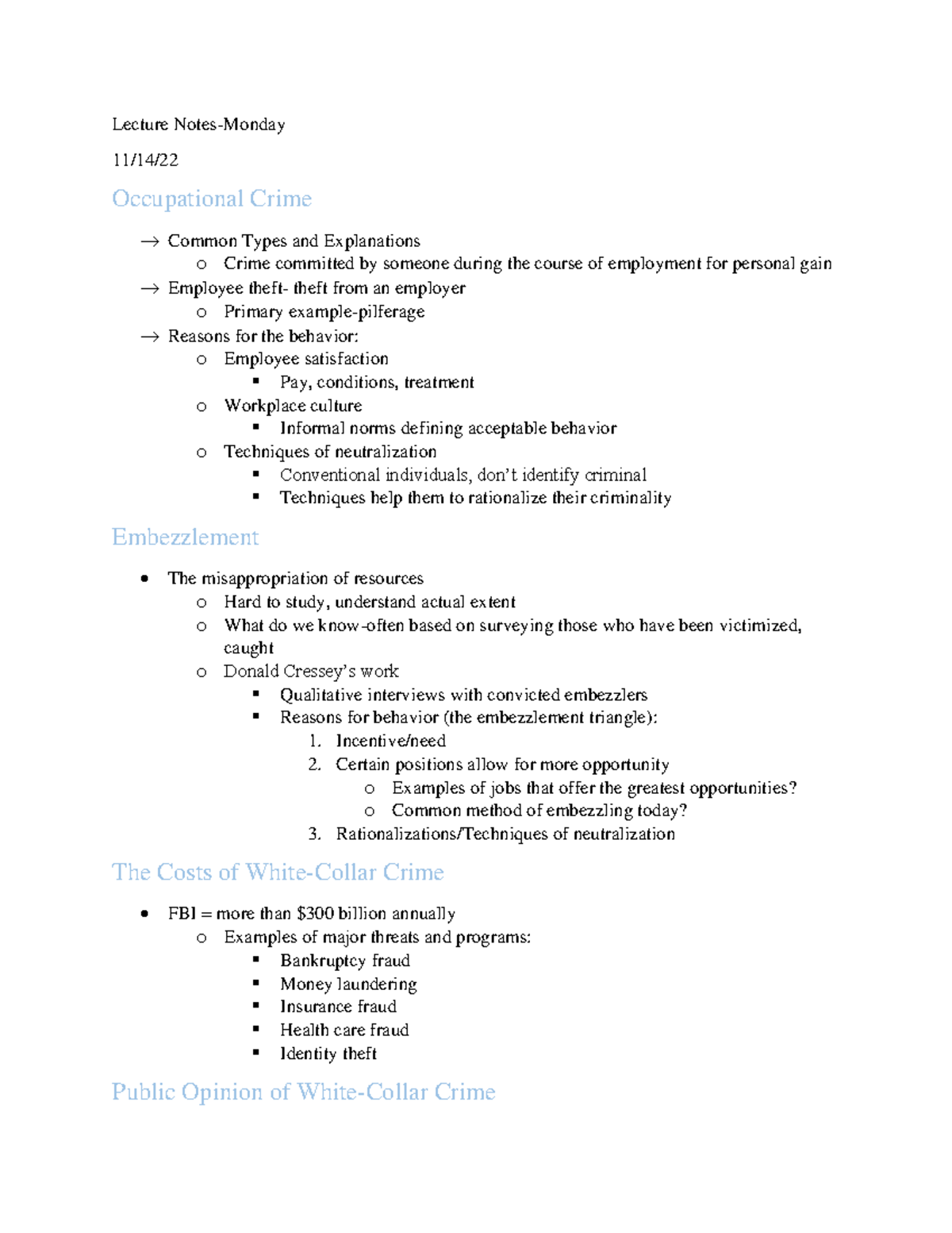 Week 13 - Week 13 lecture notes - Lecture Notes-Monday 11/14 ...