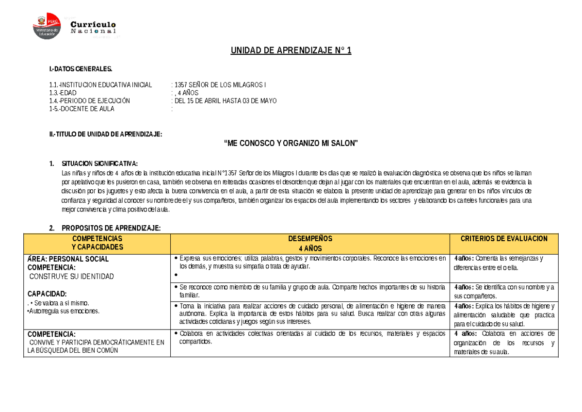 Unidad DE Aprendizaje Nº 01 - UNIDAD DE APRENDIZAJE N° 1 I.-DATOS ...