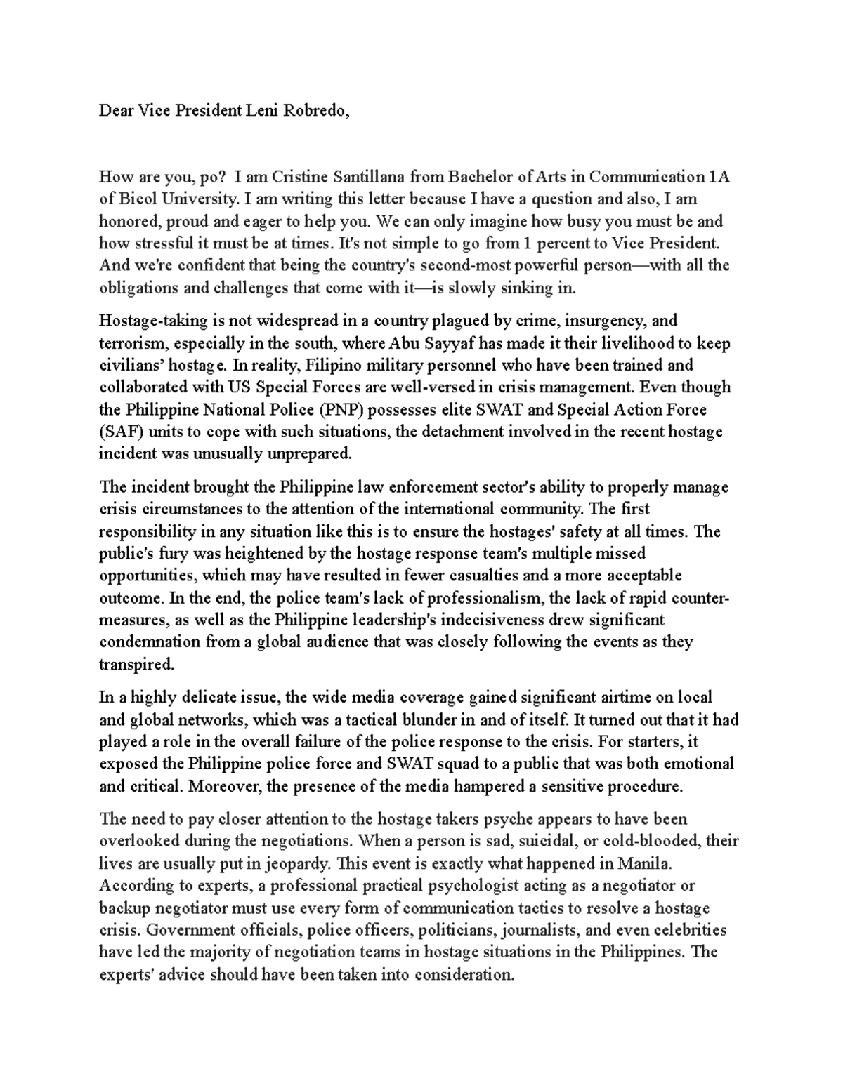 Dear Vice President Leni Robredo - I am writing this letter because I ...