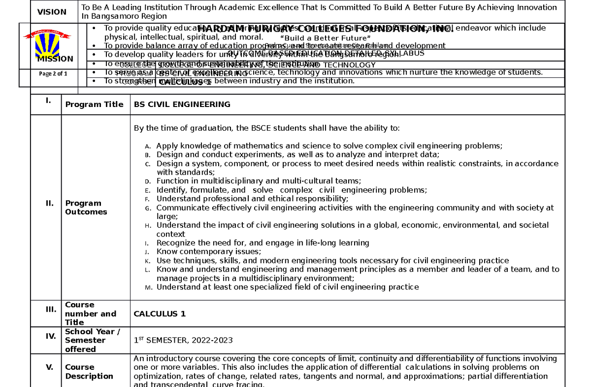 BSCE Calculus 1 Syllabi - HARDAM FURIGAY COLLEGES FOUNDATION, INC ...