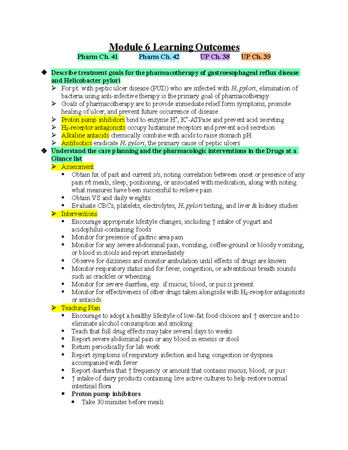 Module 6 learning outcomes - Module 6 Learning Outcomes Pharm Ch. 41 Pharm Ch. 42 UP Ch. 38 UP ...