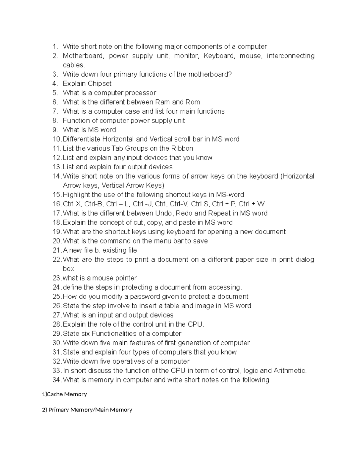 Second Term pass Questions - Write short note on the following major ...