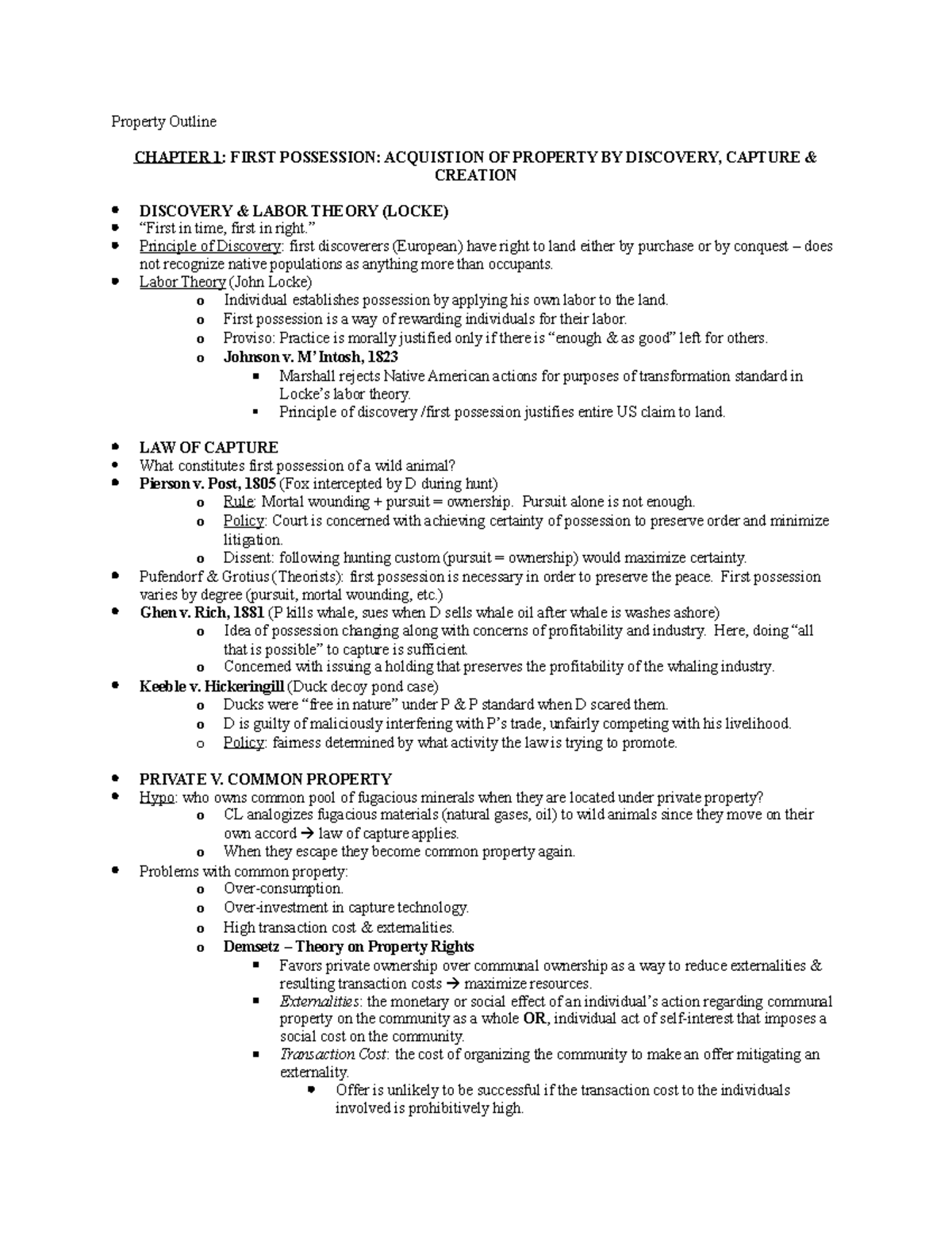 Property Law Outline 3 - Property Outline CHAPTER 1: FIRST POSSESSION ...