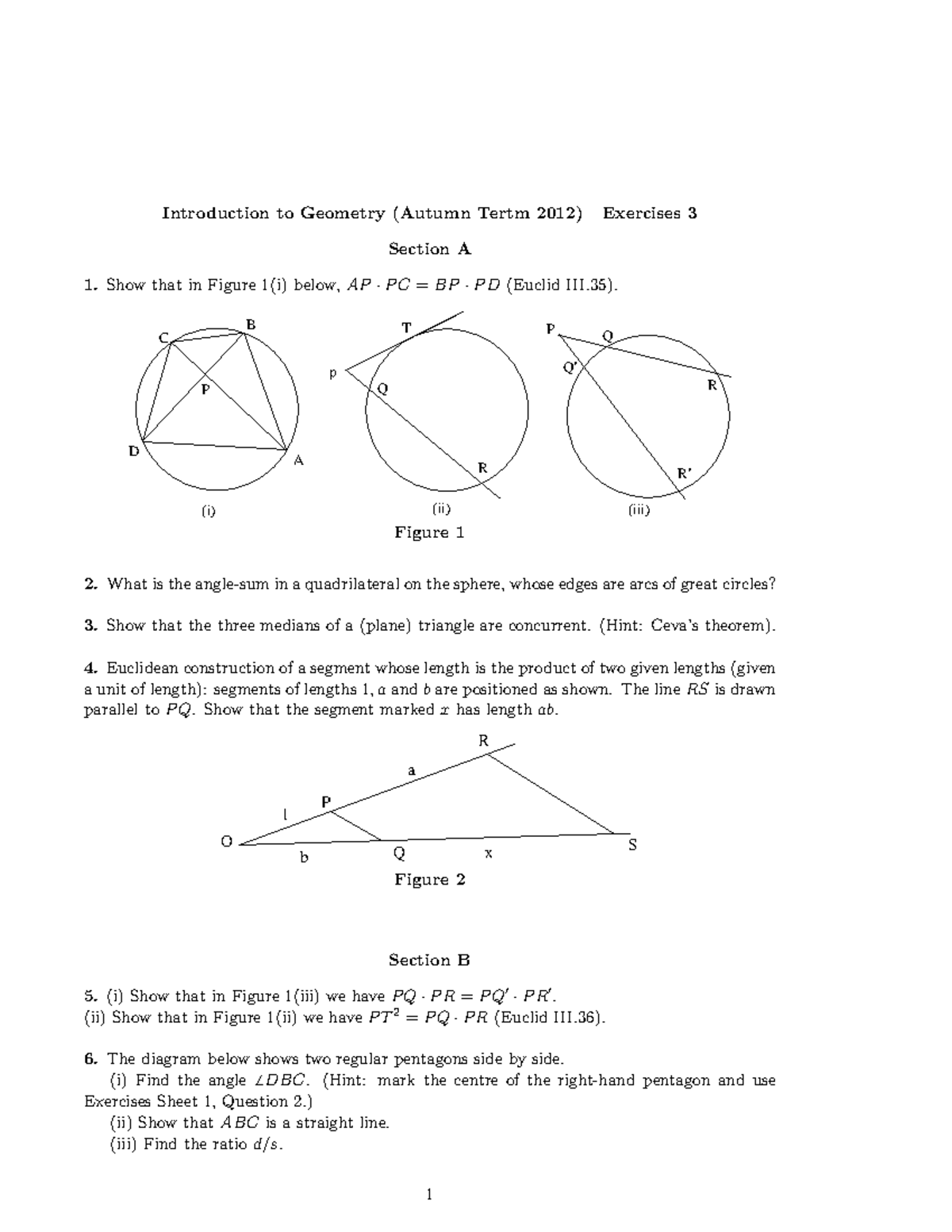 MA125 2012-2013 Problem Sheet 3 - Introduction to Geometry (Autumn ...