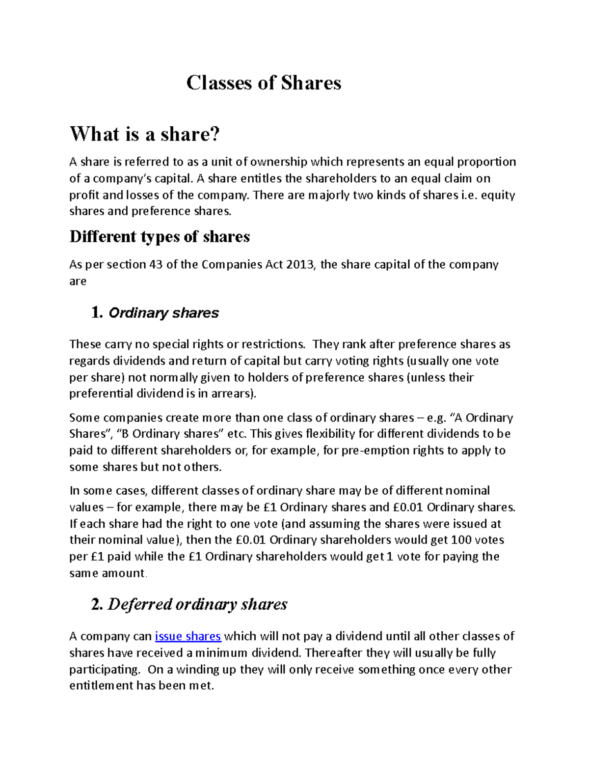 Classes of Shares - notes - Classes of Shares What is a share? A share ...