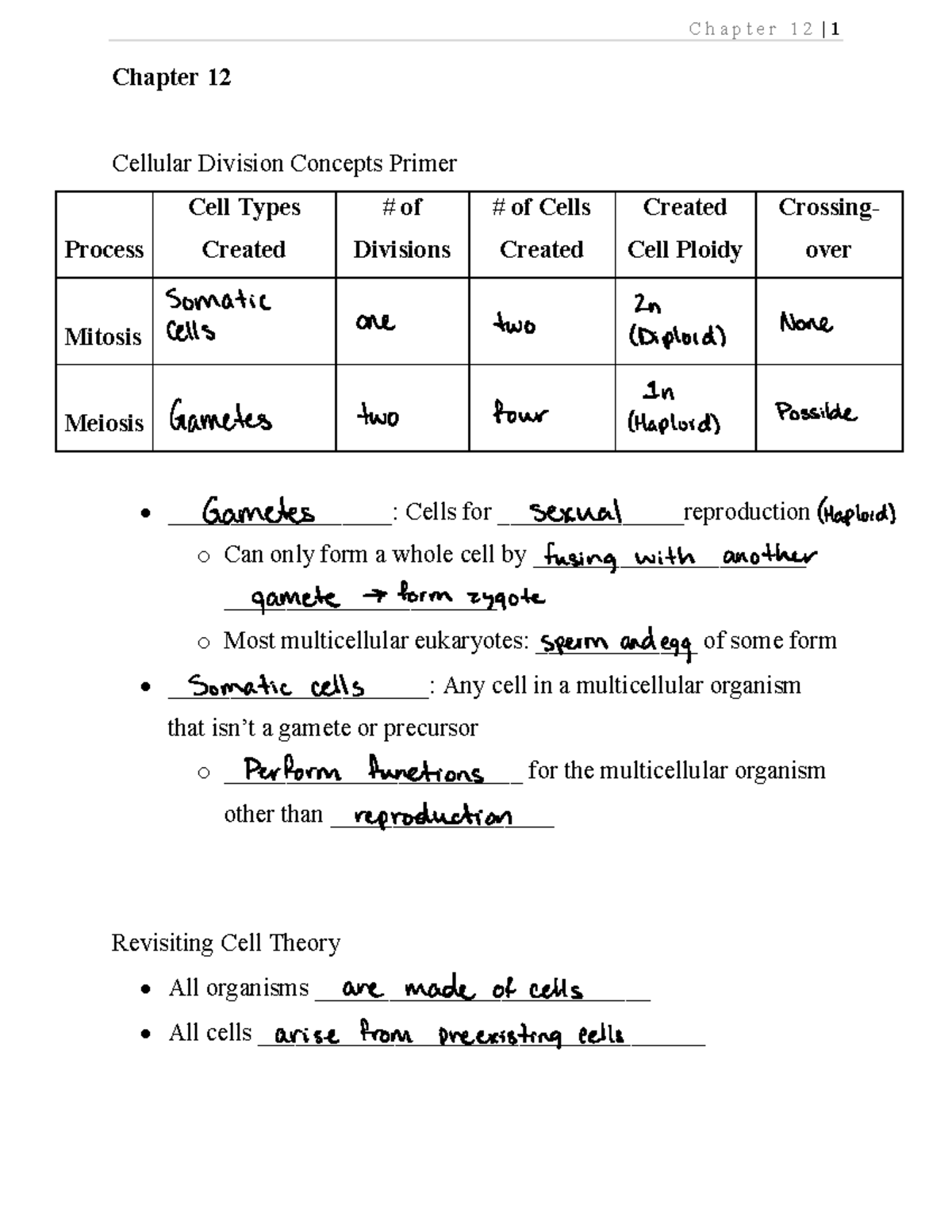 Chapter 12 Notes - Chapter 12 Cellular Division Concepts Primer Process ...