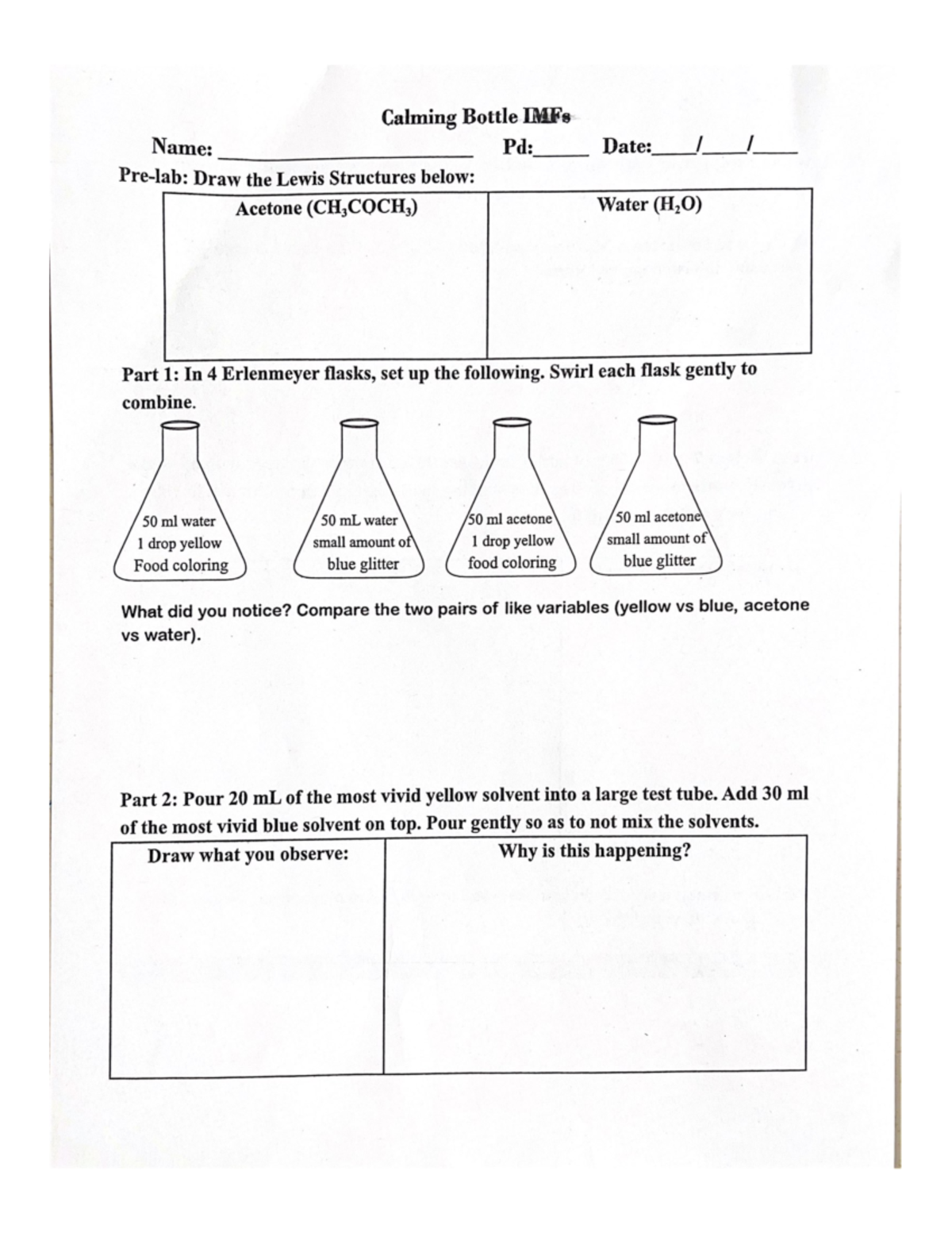 Calming Bottle IMFs - This is a lab on intermolecular forces and goes into solubility using ...