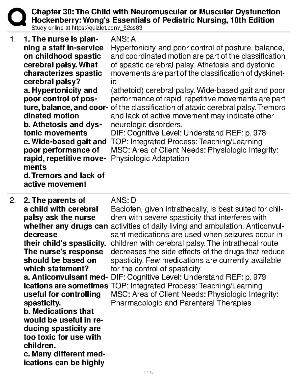 Chapter 30 practice quiz PED - Hockenberry: Wong's Essentials of ...
