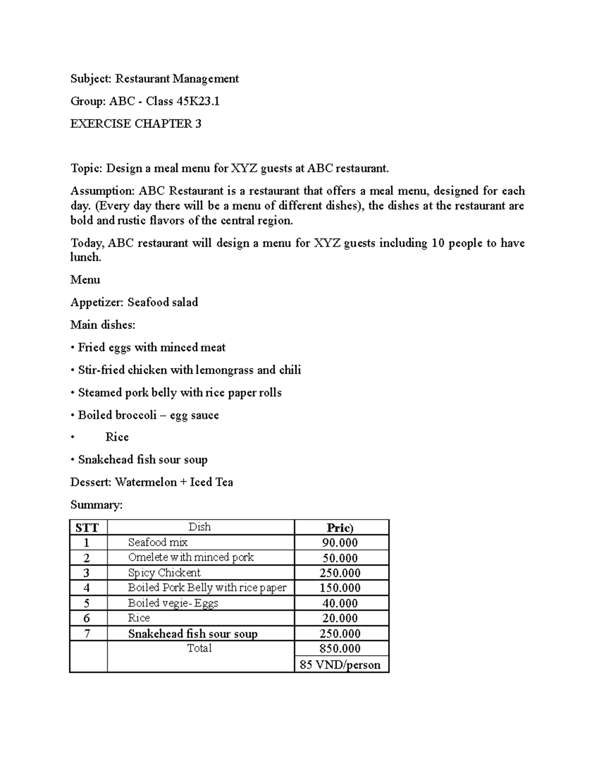 Restaurant assignment 1 - Subject: Restaurant Management Group: ABC ...