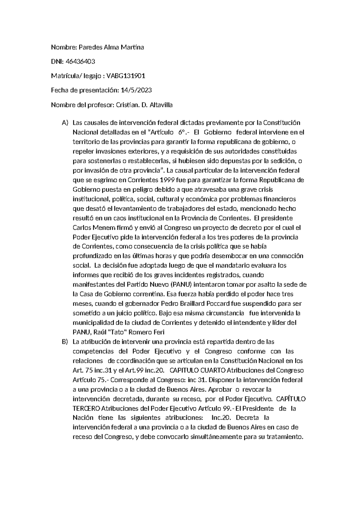 D.C TP2 Alma Paredes - tp derecho constitucional - Nombre: Paredes Alma ...