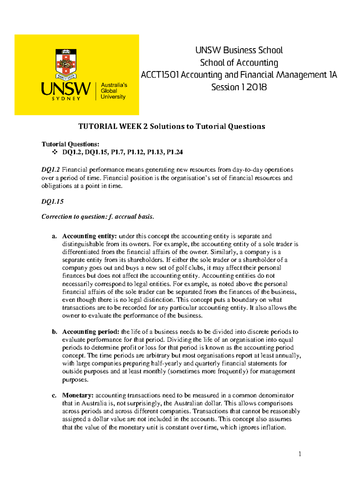 TQ Ans Wk2 2018 S1 - Week 2 Tutorial Answers - 1 TUTORIAL WEEK 2 Solutions to Tutorial Questions ...