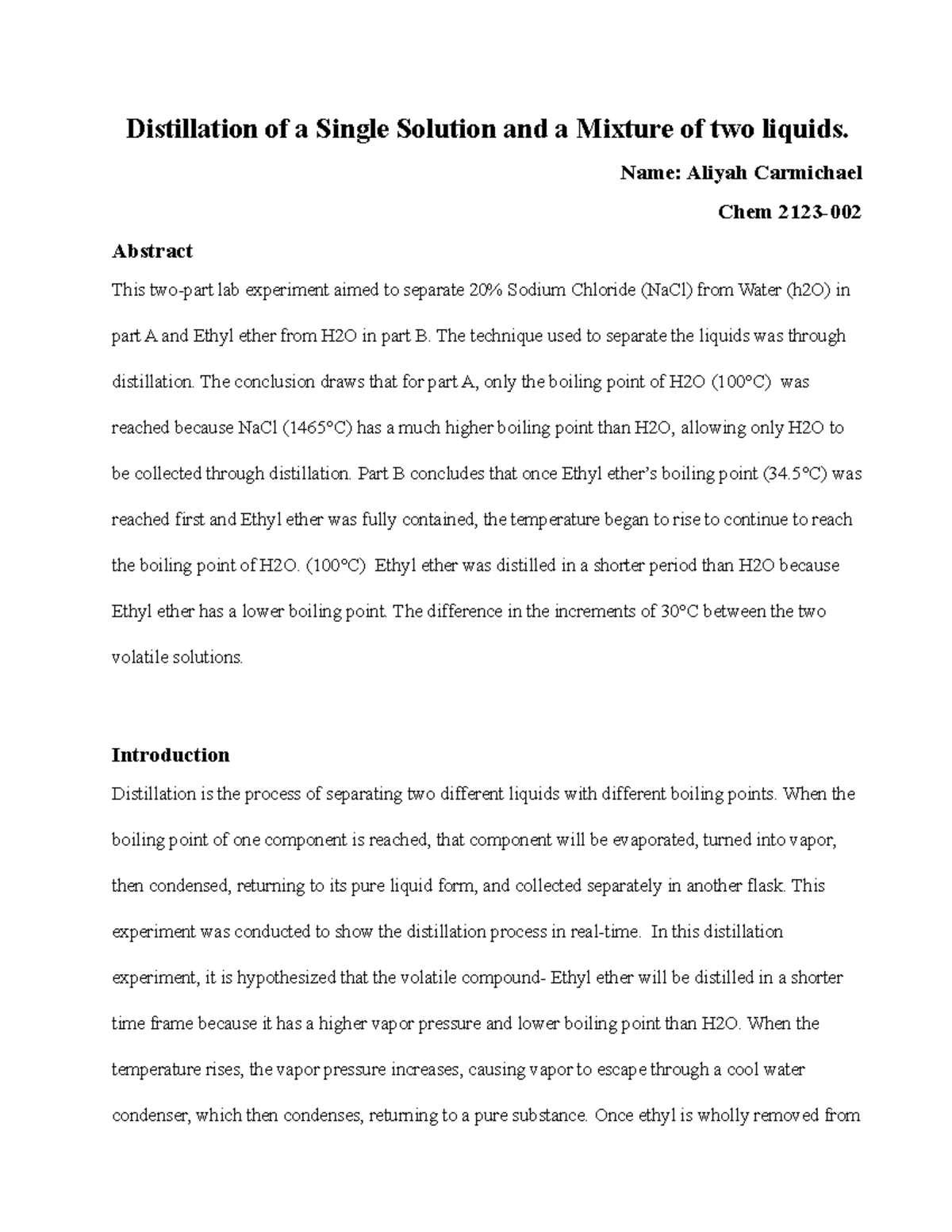 Distillation of single solution and mix liquid - Distillation of a ...
