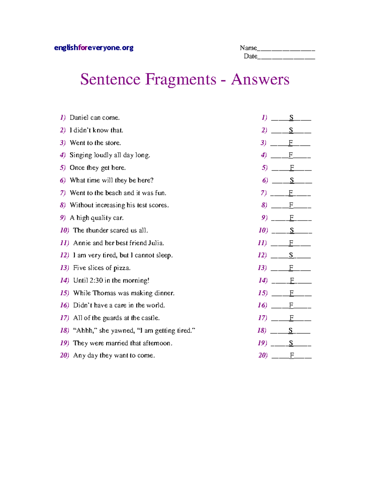 Sentence Fragments - answers - englishforeveryone Name ...