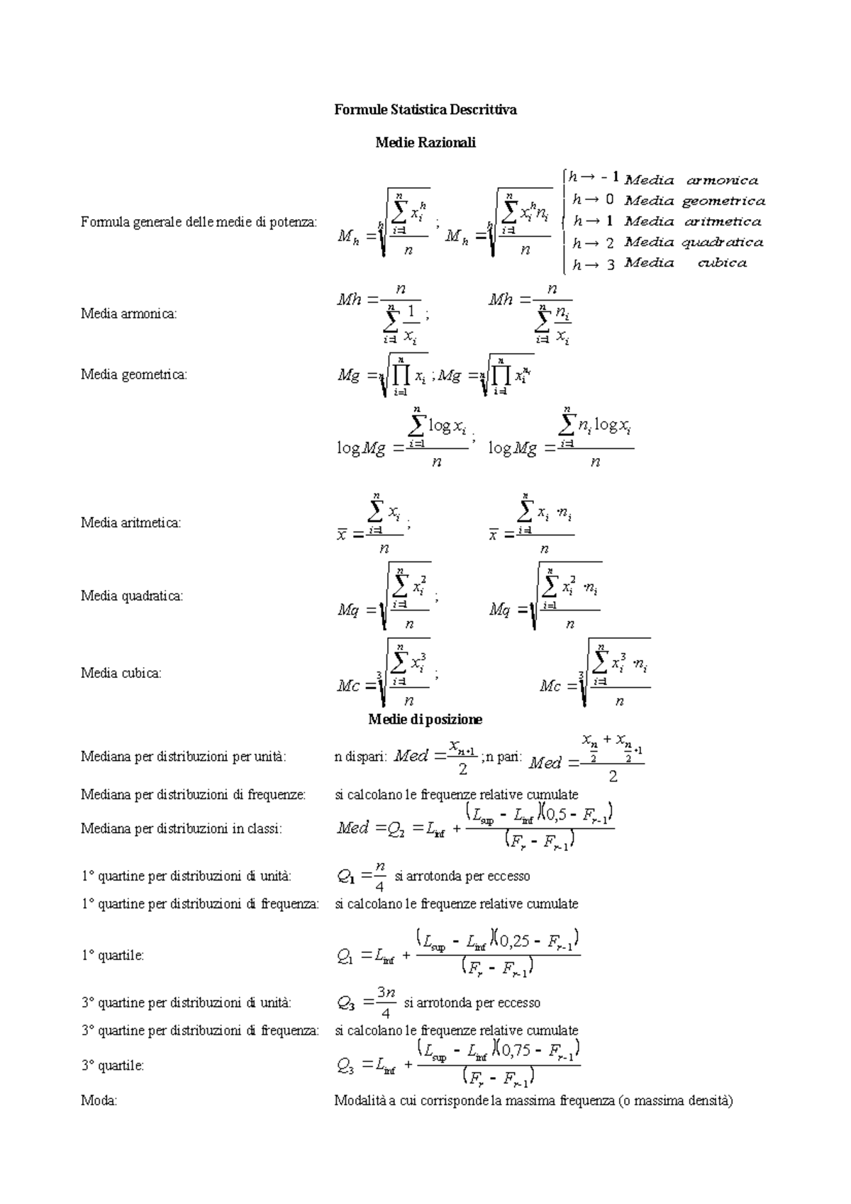 Formulario - formule statistica - ####### Formule Statistica ...