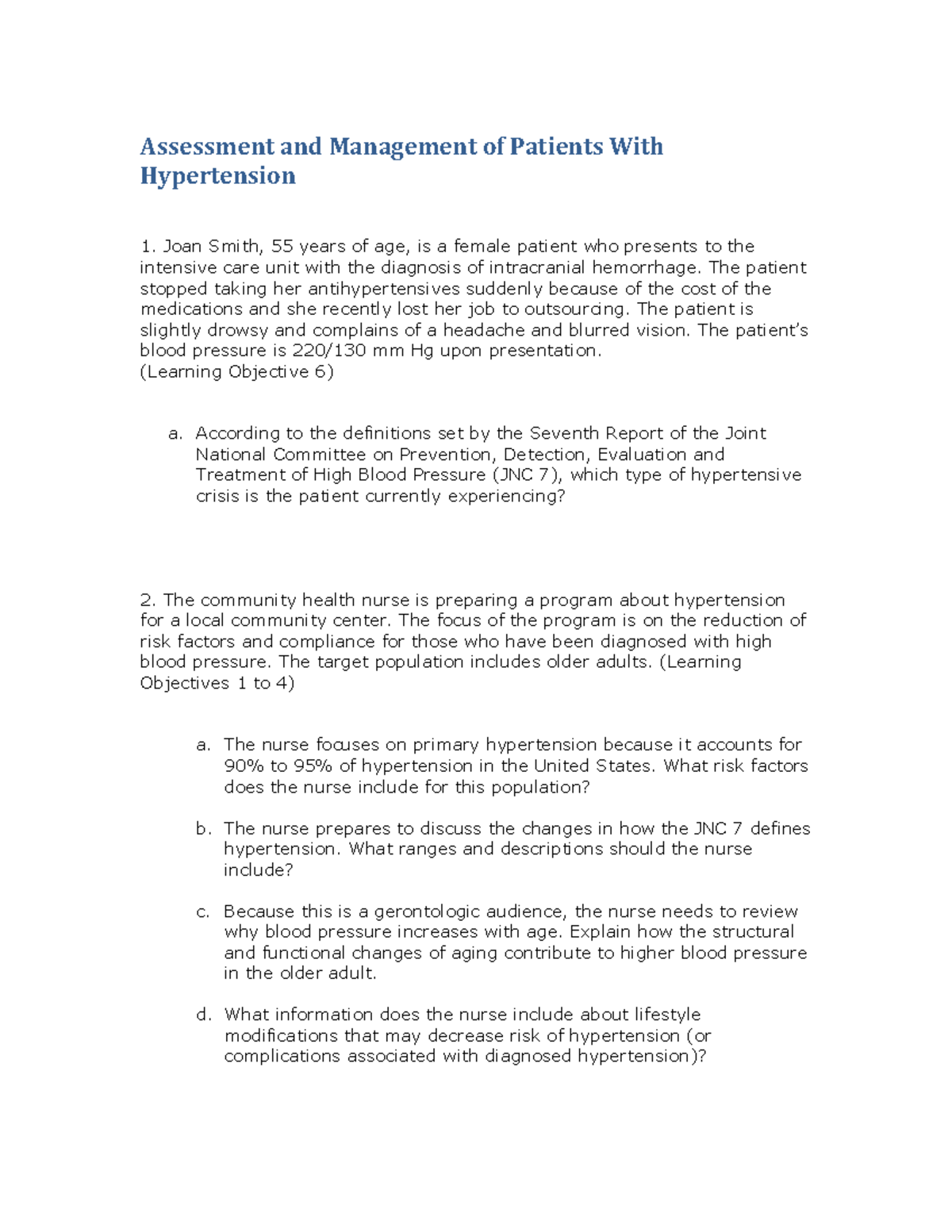 Hypertension case study student - Assessment and Management of Patients ...