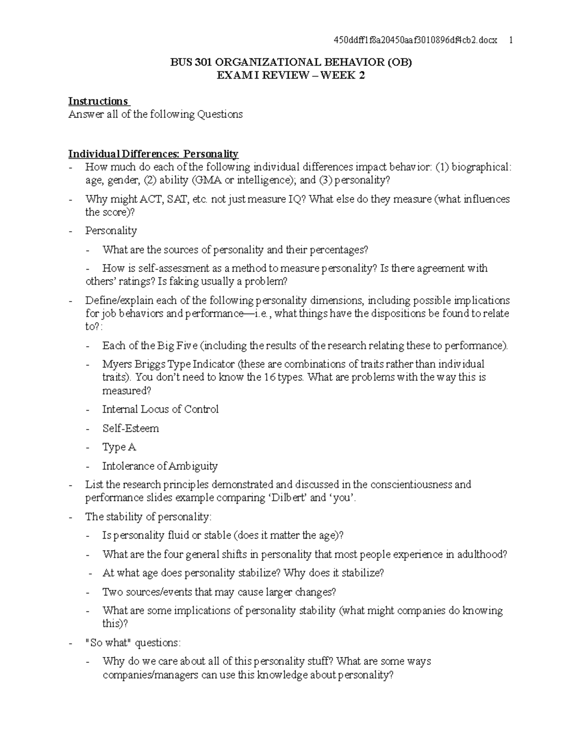 Exam I Review - 2 - 450ddff1f8a20450aaf3010896df4cb2 1 BUS 301 ...