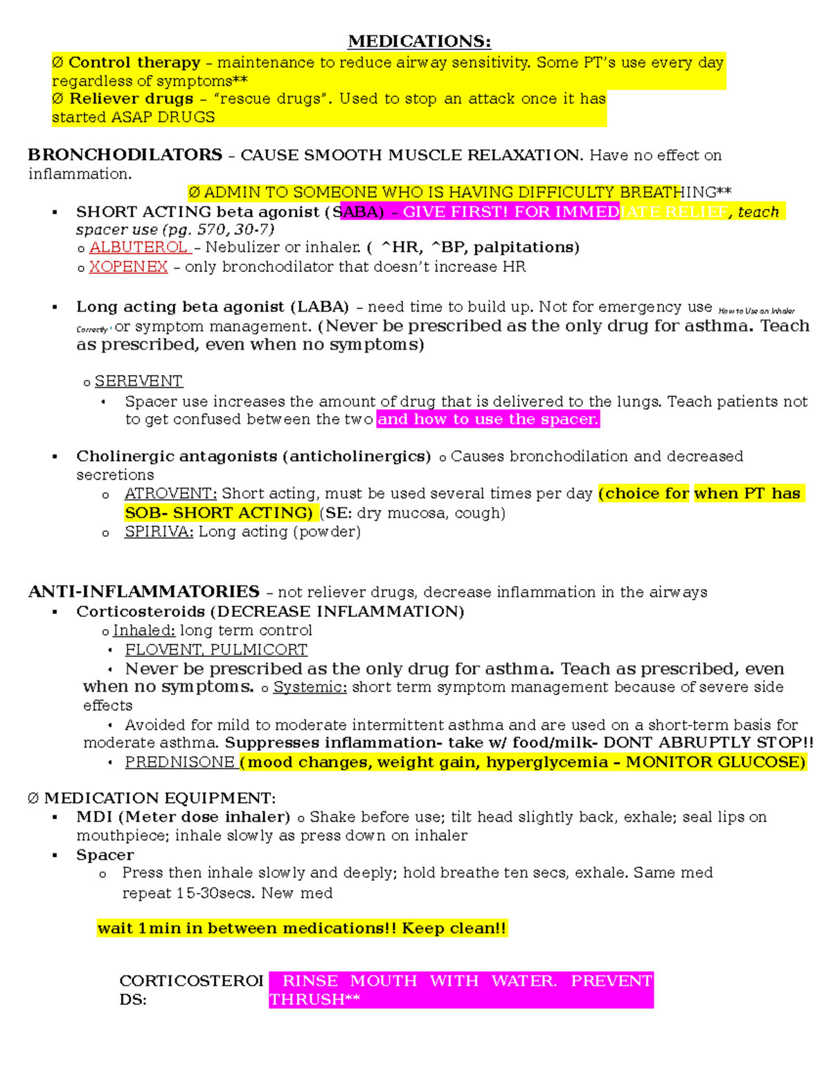 Asthma and COPD notes from previous student - MEDICATIONS: Ø Control ...