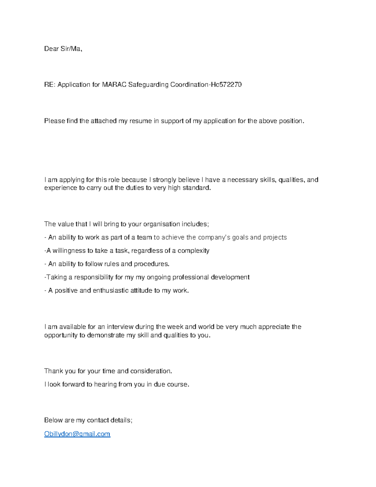 Application letter - assignment - Dear Sir/Ma, RE: Application for ...
