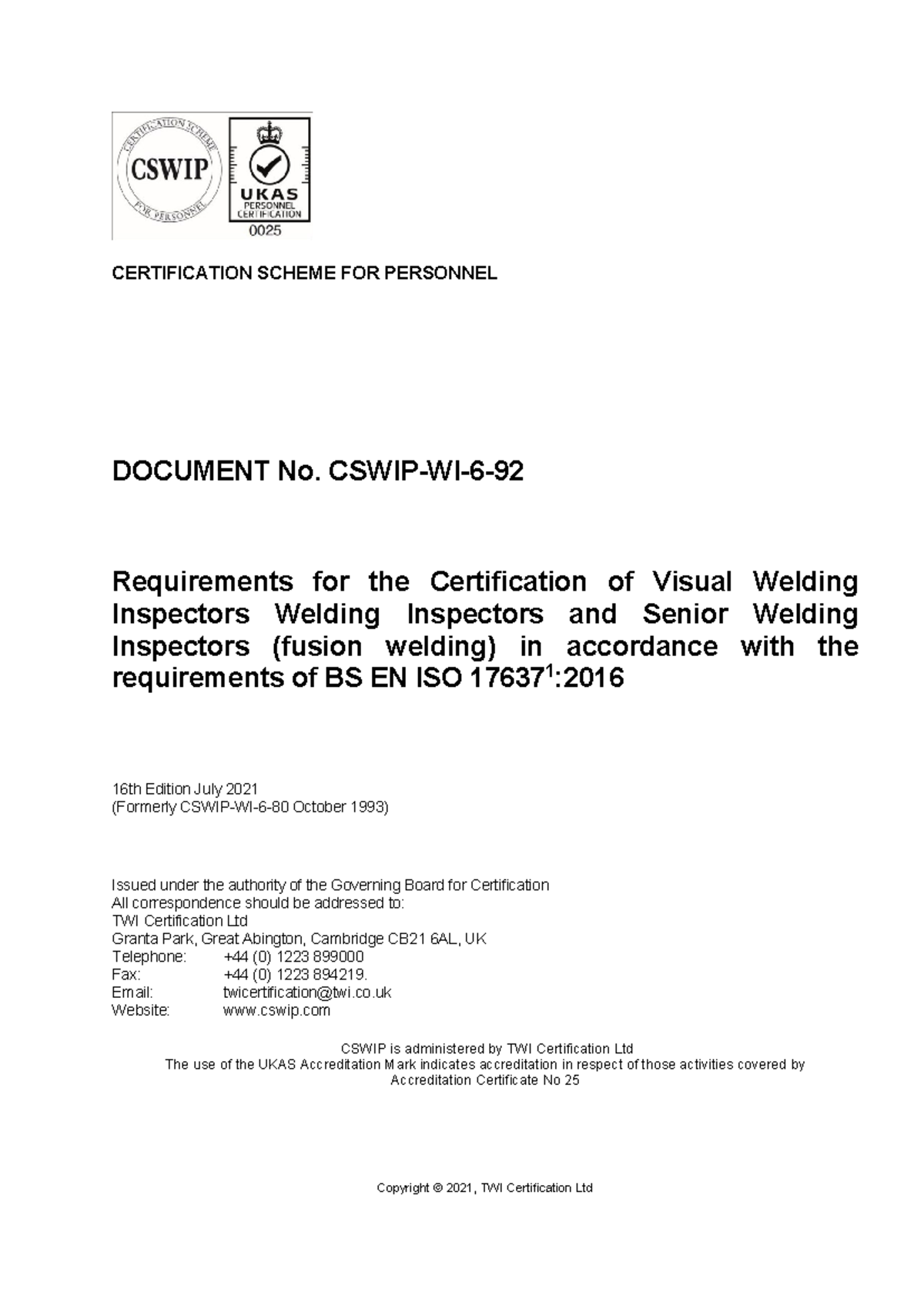Cswip WI 6 92 Welding Inspectors 16th Edition July 2021 - CERTIFICATION ...