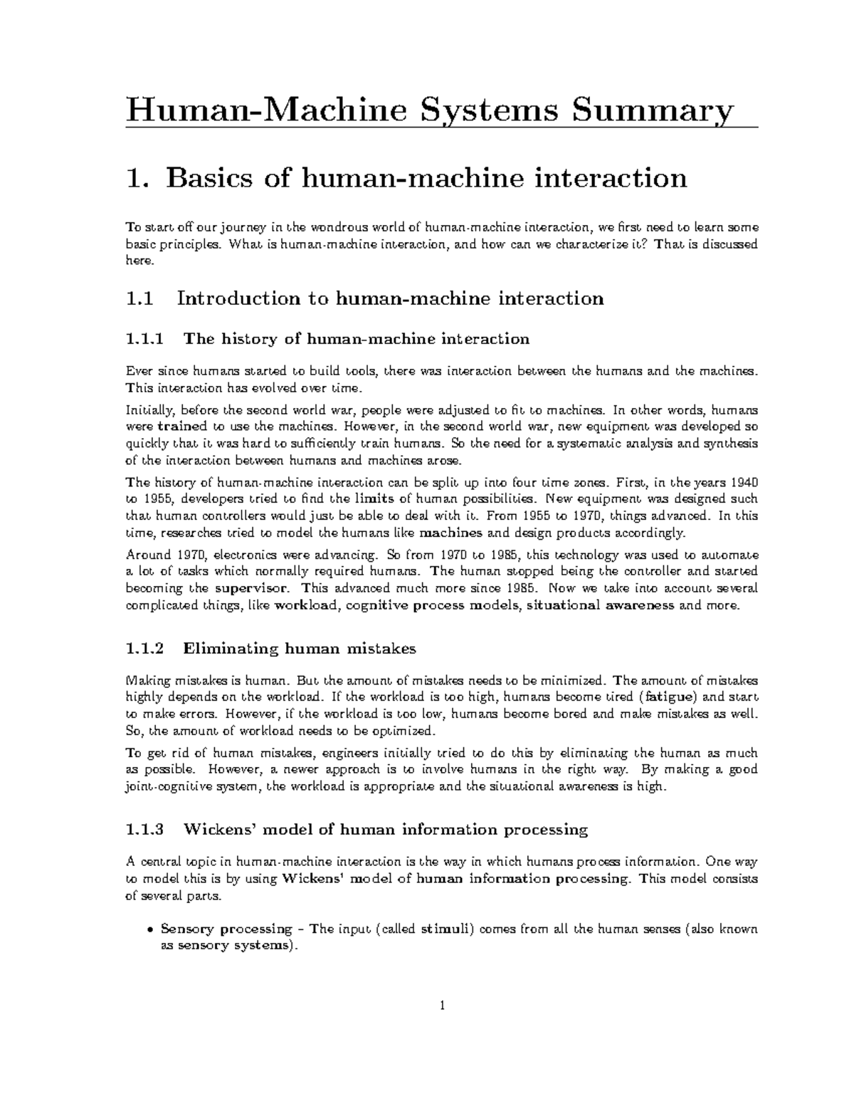 Human Machine Systems Summary - Basics of human-machine interaction To ...