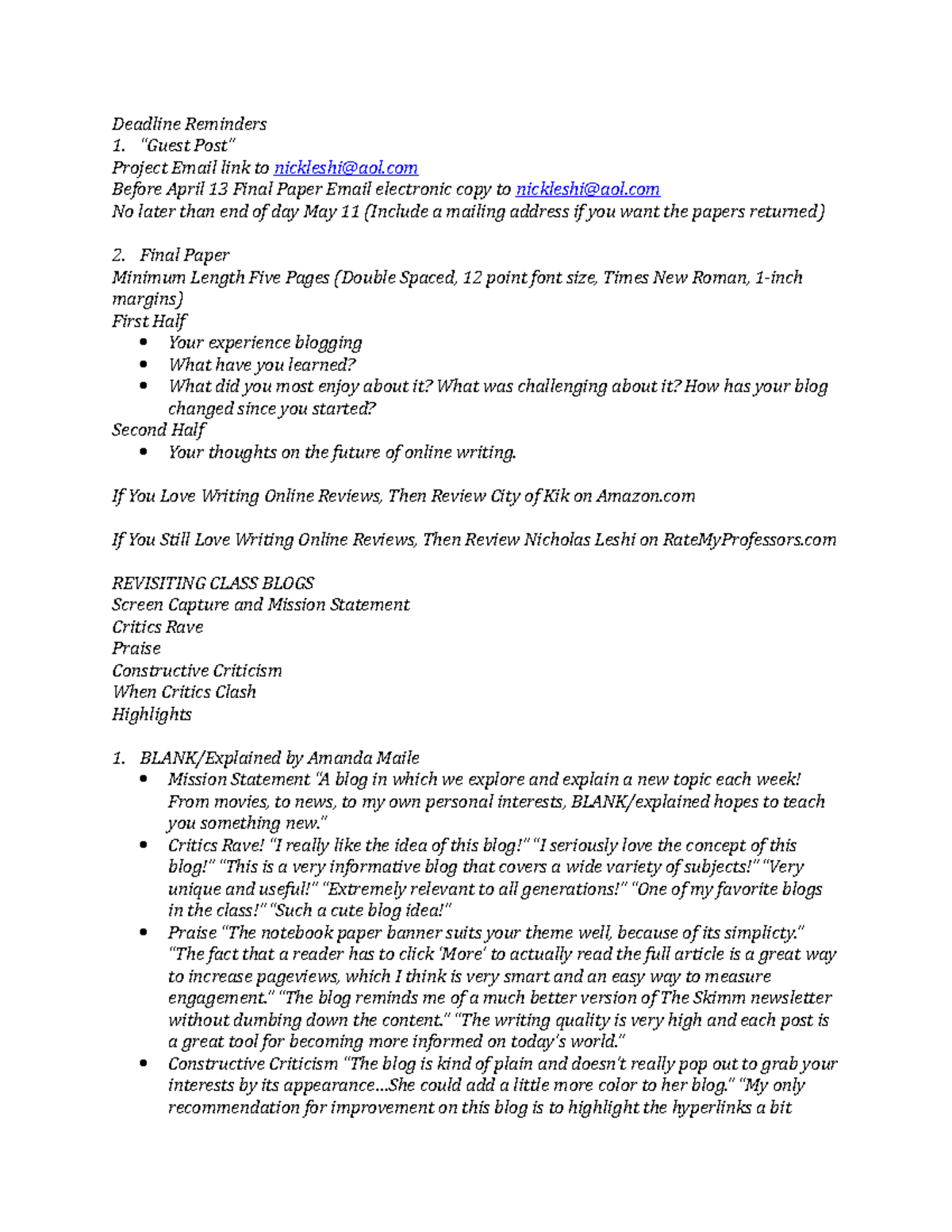 WFOM Class 9 Notes - Deadline Reminders “Guest Post” Project Email link ...