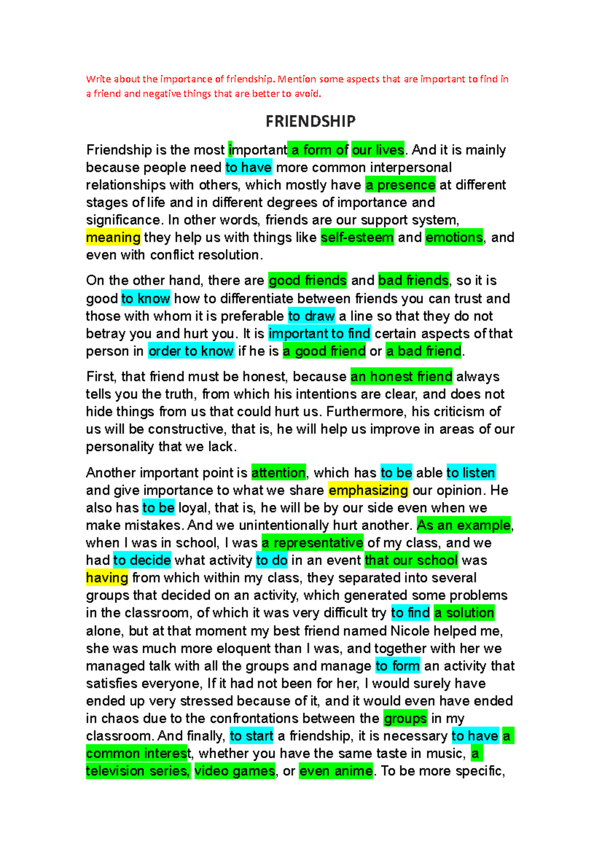 Writting I afeczv - Write about the importance of friendship. Mention ...