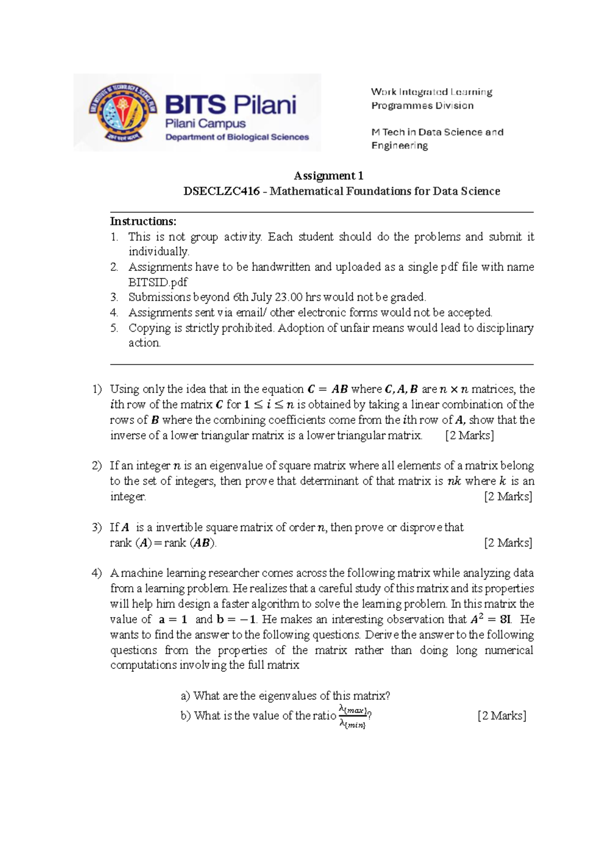 Assignment for 1st Mid Semester for Mathematical Foundation for Data ...