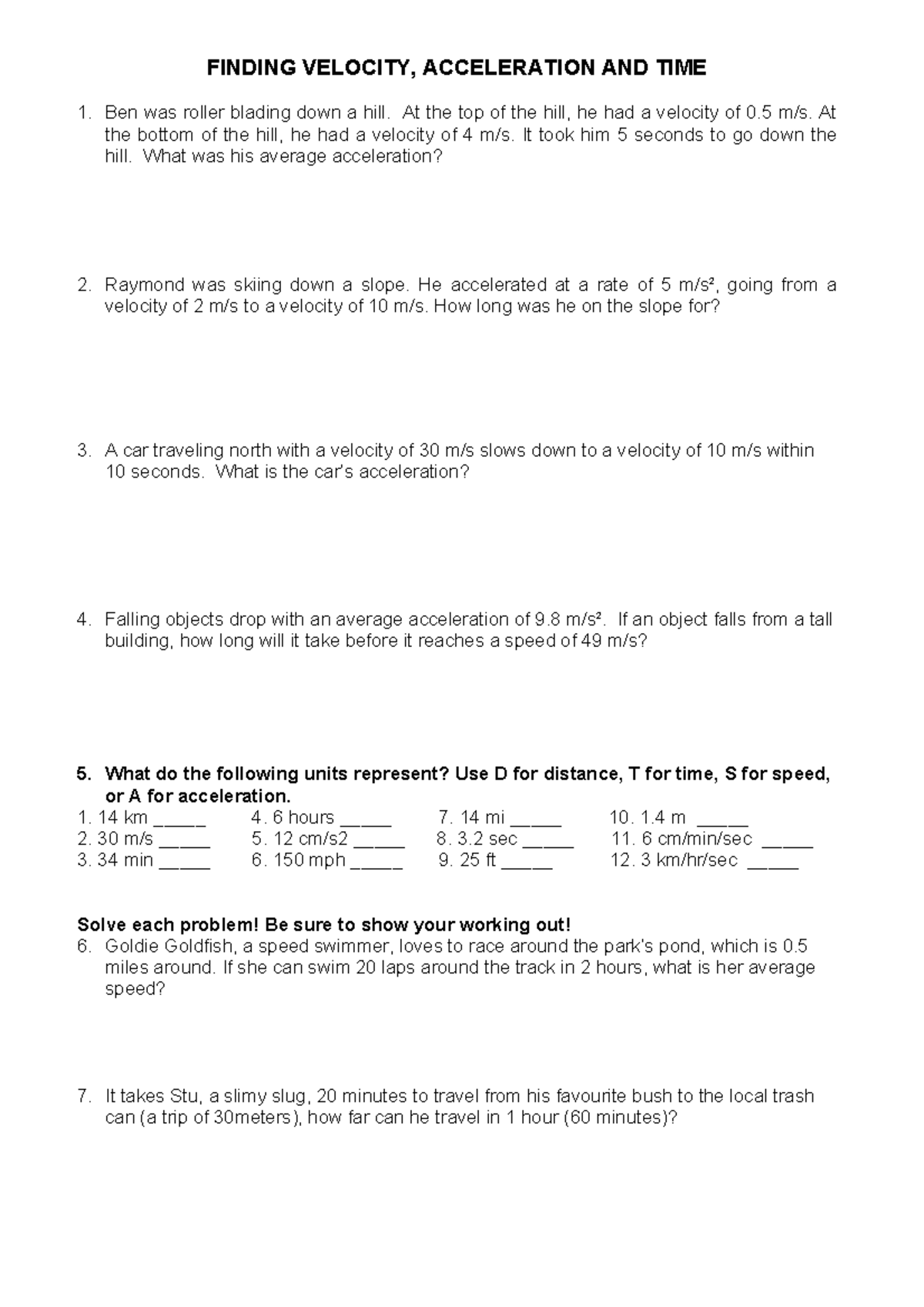 Finding velocity , acceleration and time questions - FINDING VELOCITY ...