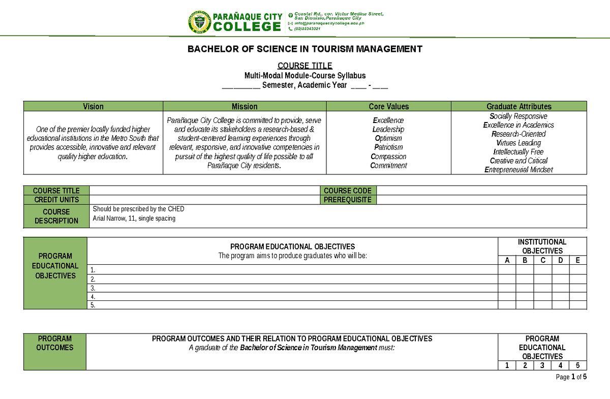 BSTM Syllabus - BACHELOR OF SCIENCE IN TOURISM MANAGEMENT COURSE TITLE ...