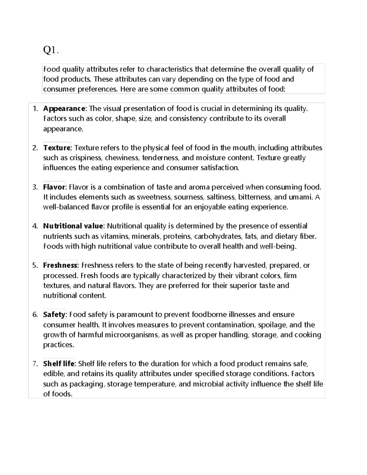 Food Assignment - Q1. Food quality attributes refer to characteristics ...