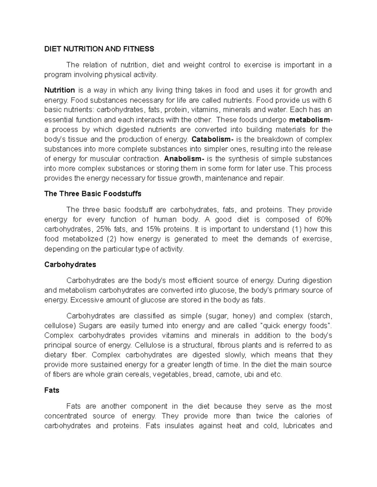 Diet and Nutrition - Lecture notes 5 in Physical Education - DIET ...