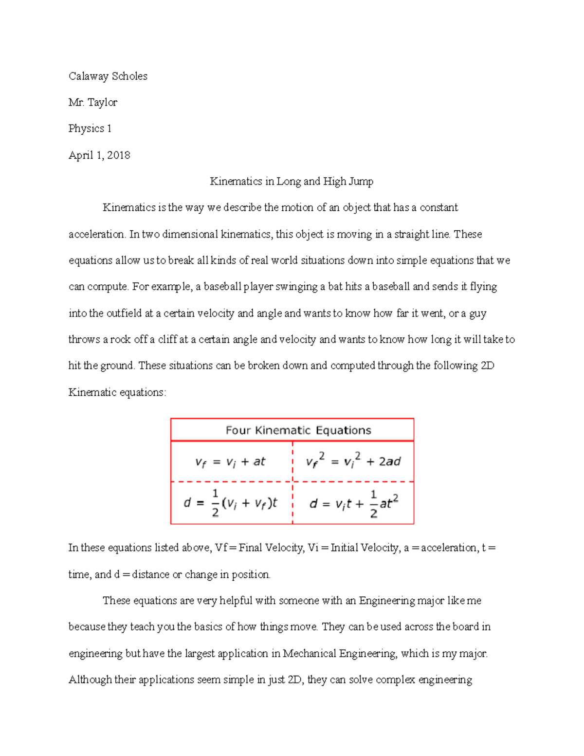 Physics Interest Paper on Kinematics - Calaway Scholes Mr. Taylor ...