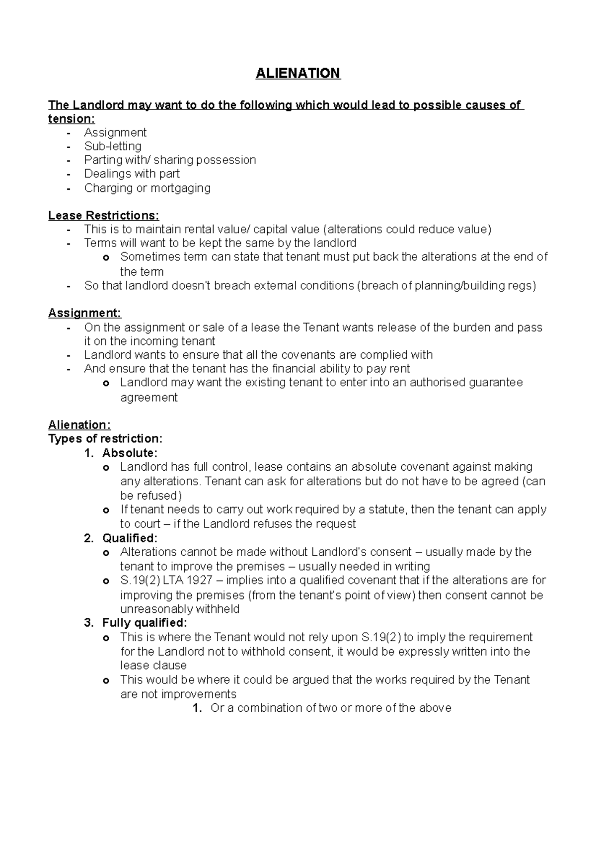 3 - Alienation - ALIENATION The Landlord may want to do the following ...