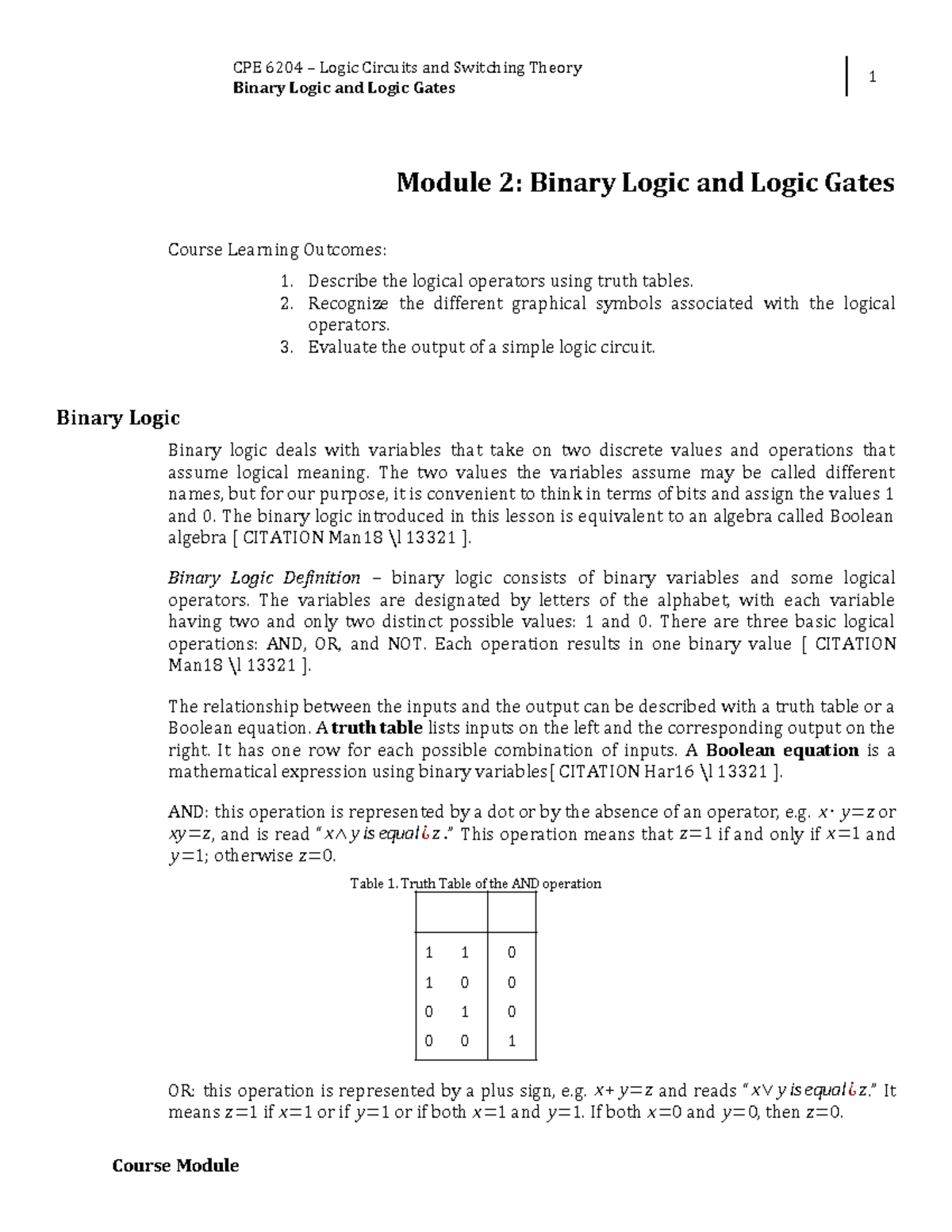 Week 2 Module 2 Binary Logic And Logic Gates Cpe 6204 Logic Circuits And Switching Theory